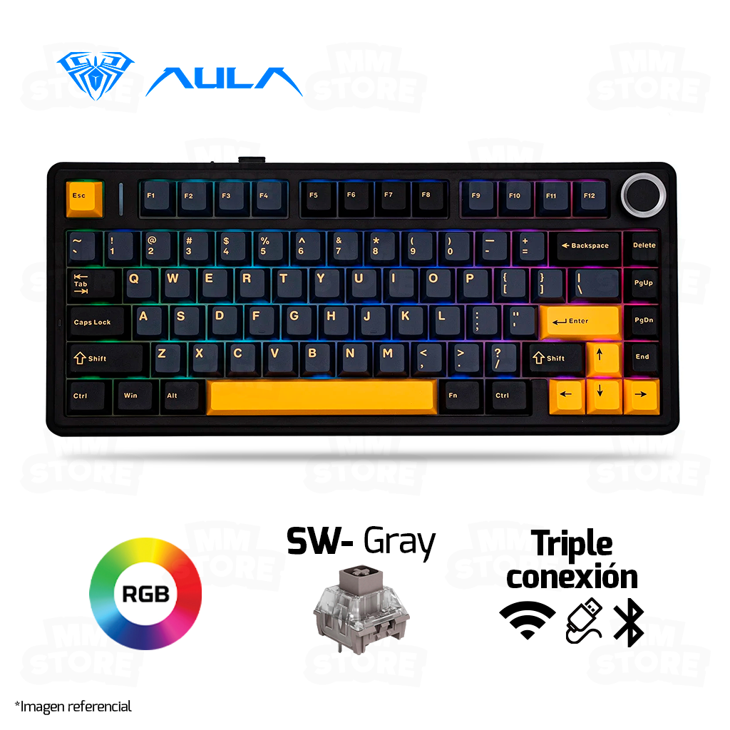 TECLADO AULA F75 INALAMBRICO MECANICO SW-GRAY RGB NEGRO-AMARILLO | GRA